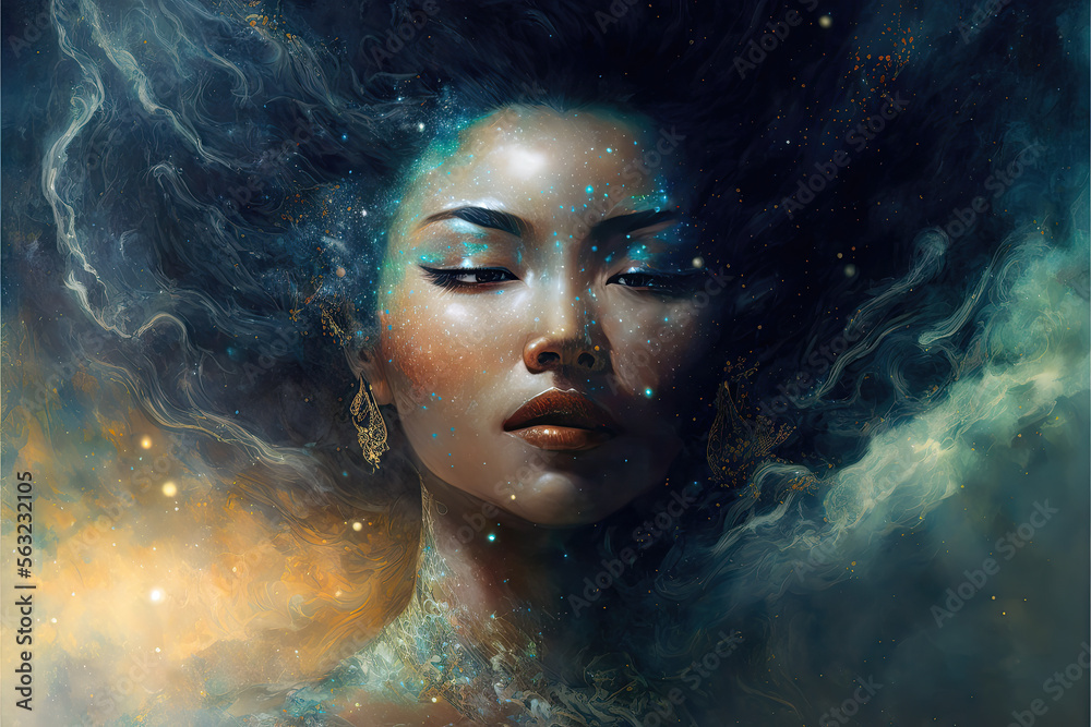 Astral asian goddess floating through the universe with stars and ...