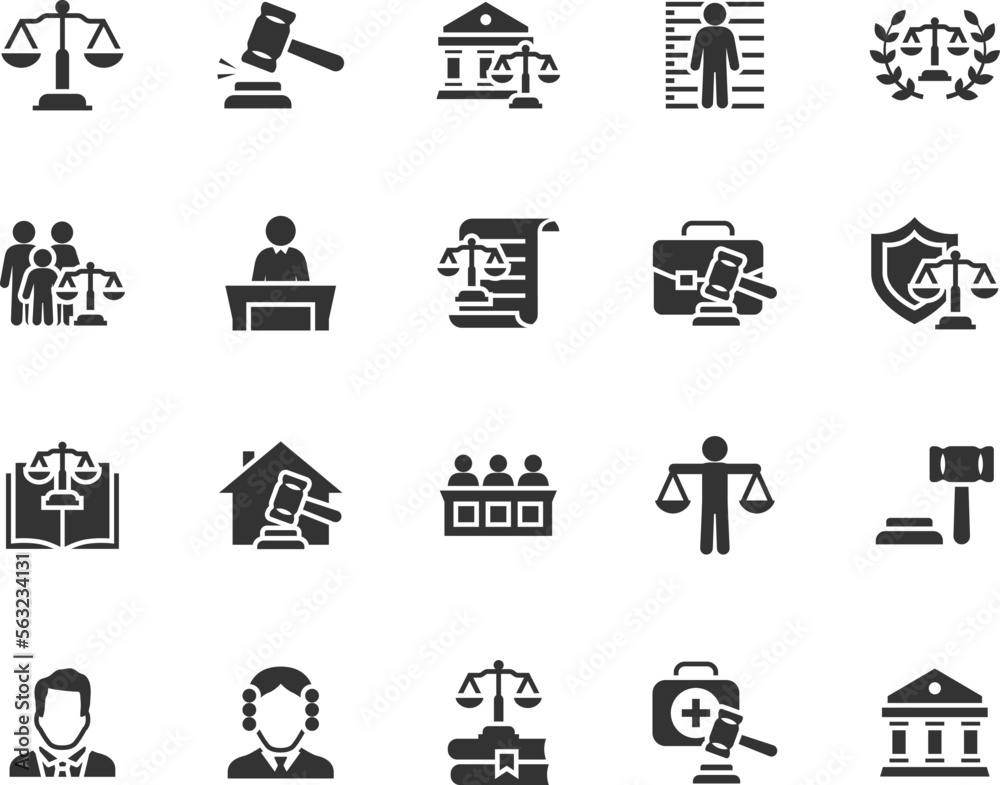 Vector set of law flat icons. Contains icons justice, court, ethics ...