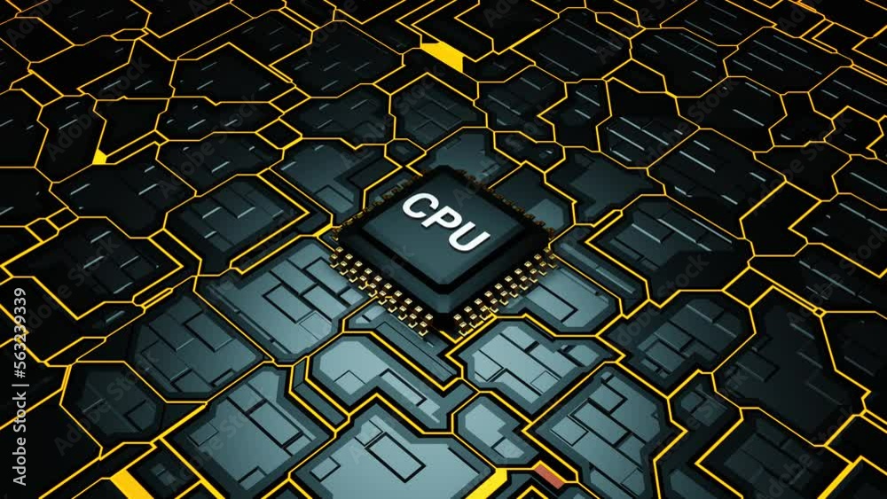 CPU text on motherboard chip animation, 3D glowing electronic circuit ...