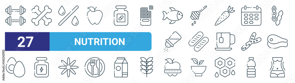 set of 27 outline web nutrition icons such as gym, calcium, fat, honey ...