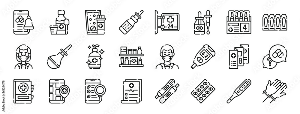 set of 24 outline web phary icons such as reminder, syrup, effervescent ...