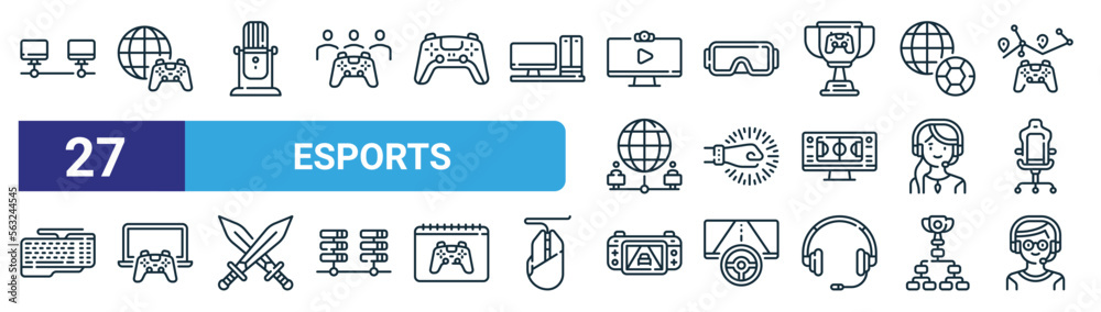 set of 27 outline web esports icons such as network, game, microphone ...