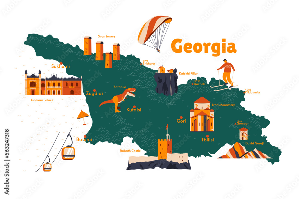 Vector map of Georgia. Sights. Historical places. Tourism. Cities ...