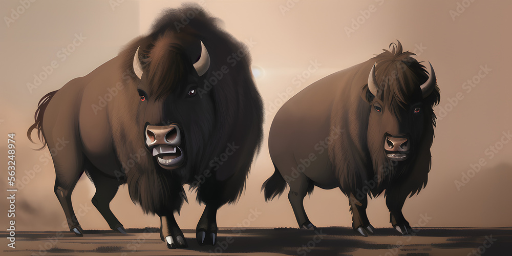 An epic cartoon illustration and digital painting of a Bison Stock ...