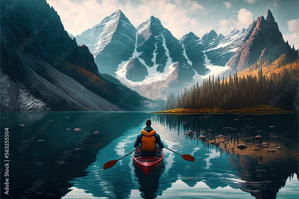 Rare view of a person in kayak navigating through a lake, created with ...