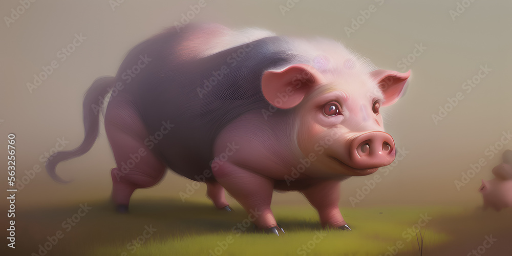 An epic cartoon illustration and digital painting of a pig Stock ...