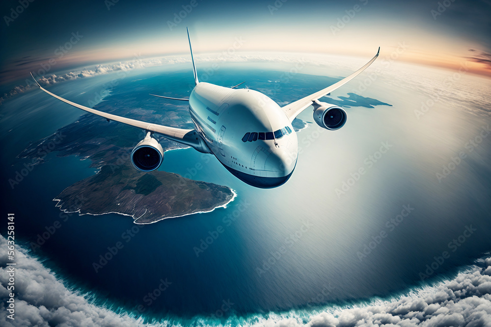 avion de ligne vu de face, haut dans le ciel, avec courbure de la terre ...