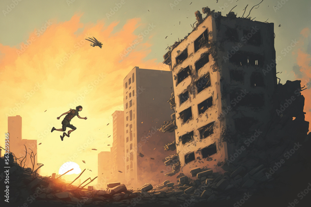 A kid jumping from the ruins of a building against the sunset scene ...