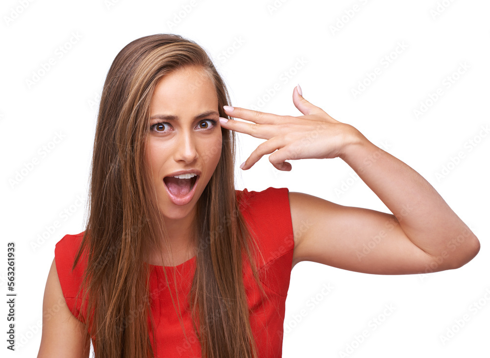 Wow, hand and portrait of a woman with gun for shooting isolated on a ...