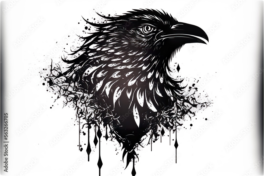 Dark gothic style raven logo design with white background for tattoos ...
