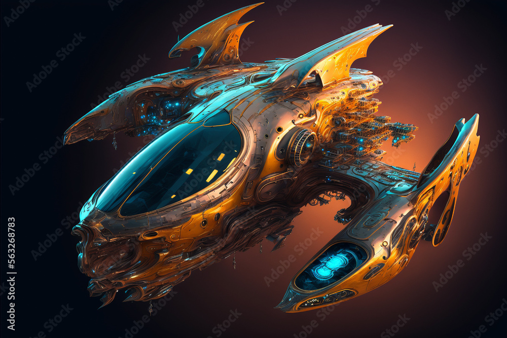 Artistic illustration of a fast spaceship in futuristic landscape ...