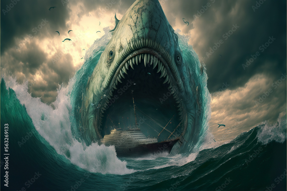 Giant deep sea megalodon shark monster eating an ocean cruiser ship ...
