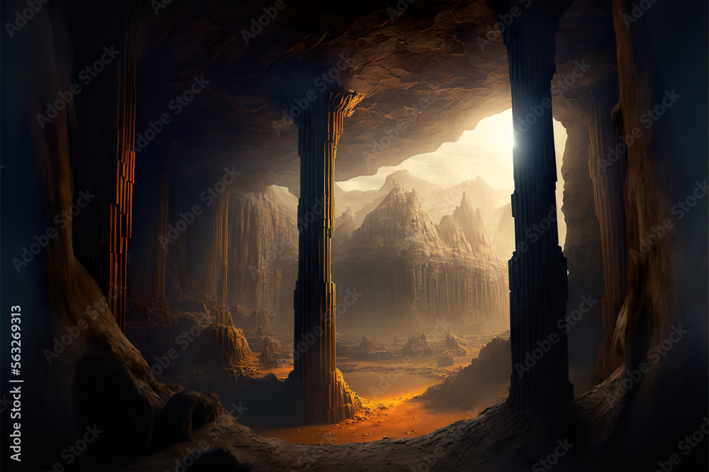 Underground crystal stalactite cavern system with lake and glowing blue ...