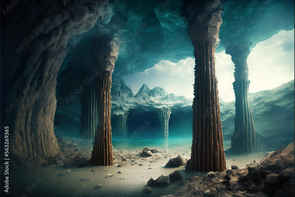 Underground crystal stalactite cavern system with lake and glowing blue ...