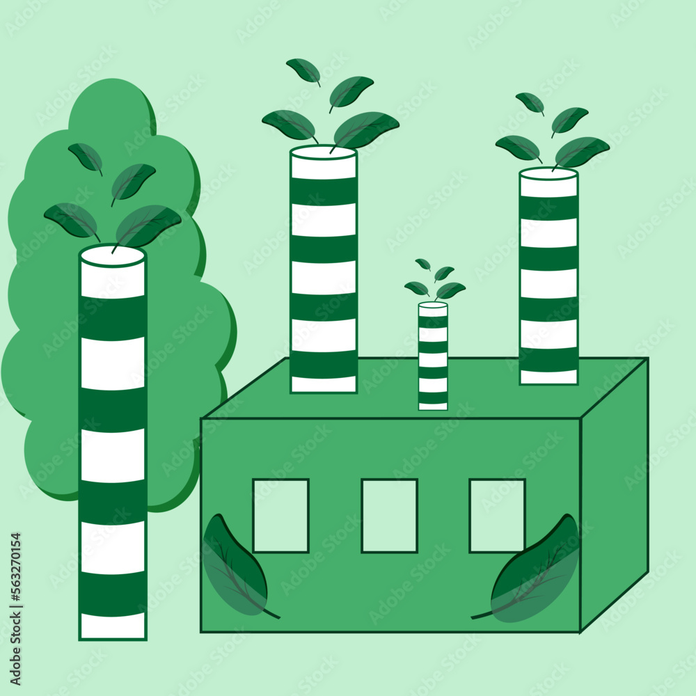 A green factory with pipes, leaves instead of smoke and a tree with a ...