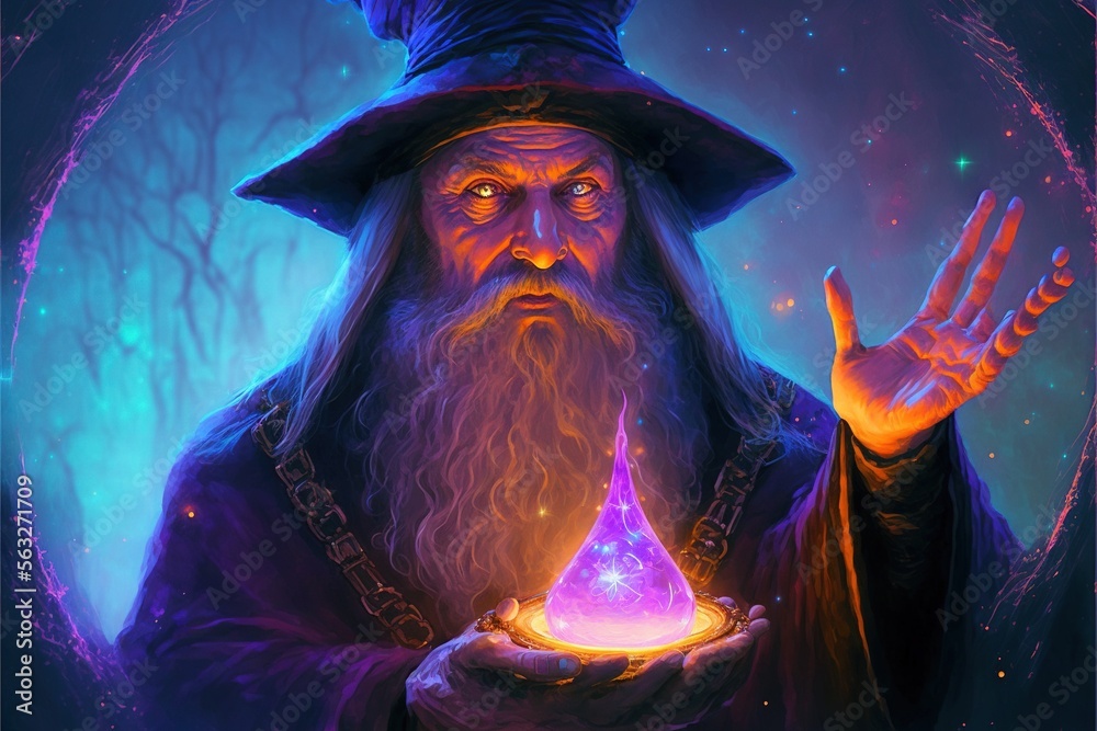 the angry wizard of evil spirits holds a magic gem cast a spell ...