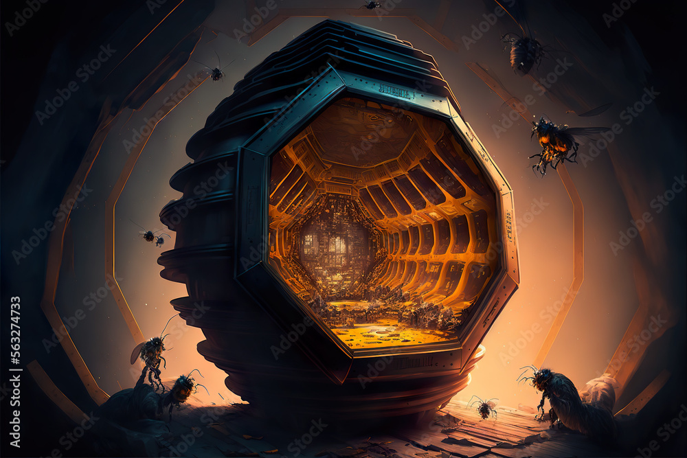 Astronauts exploring giant space alien Beehive with queen and honey and ...