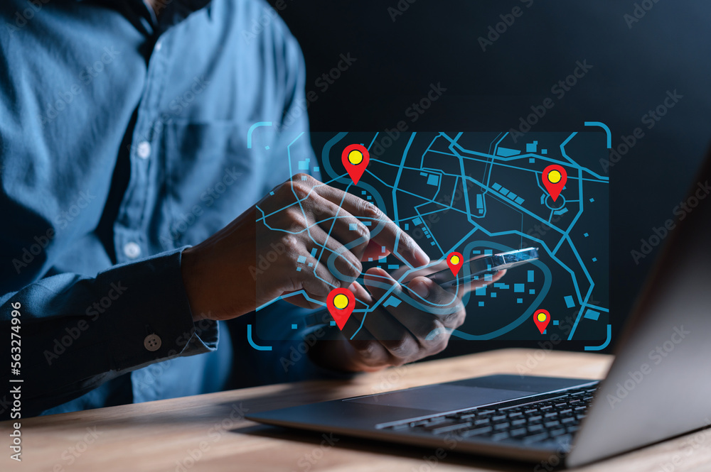 Businessman using computer searching world map with location point, GPS ...