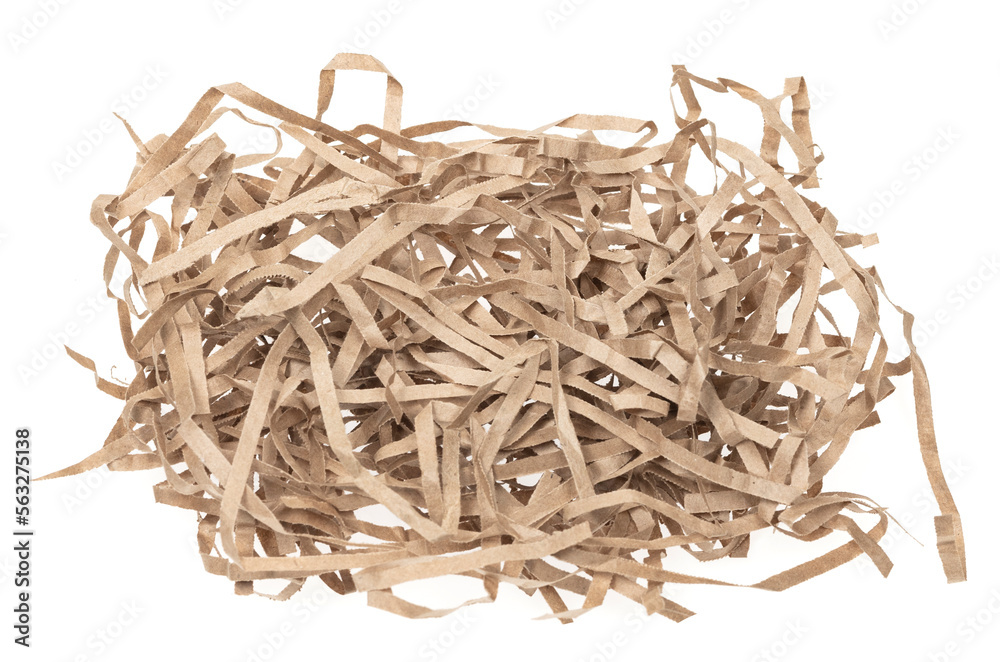 Kraft paper shavings isolated on white background. gift box filler ...