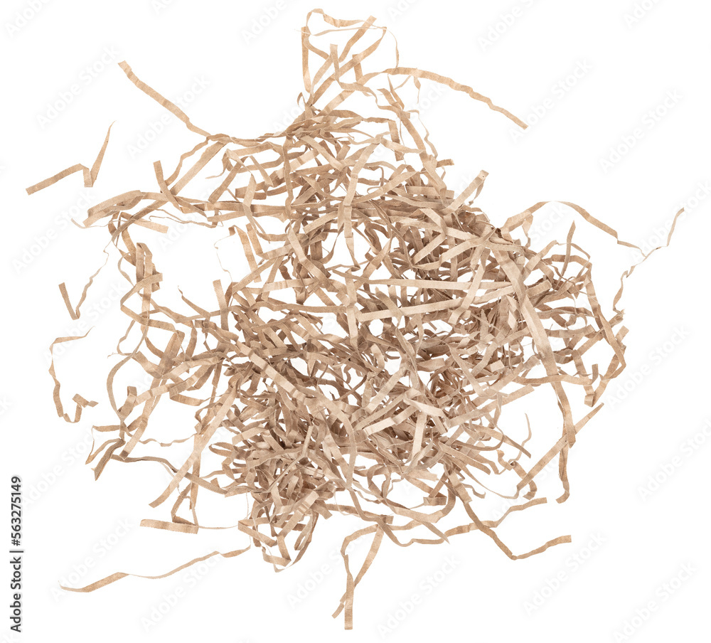 Kraft paper shavings isolated on white background. gift box filler ...