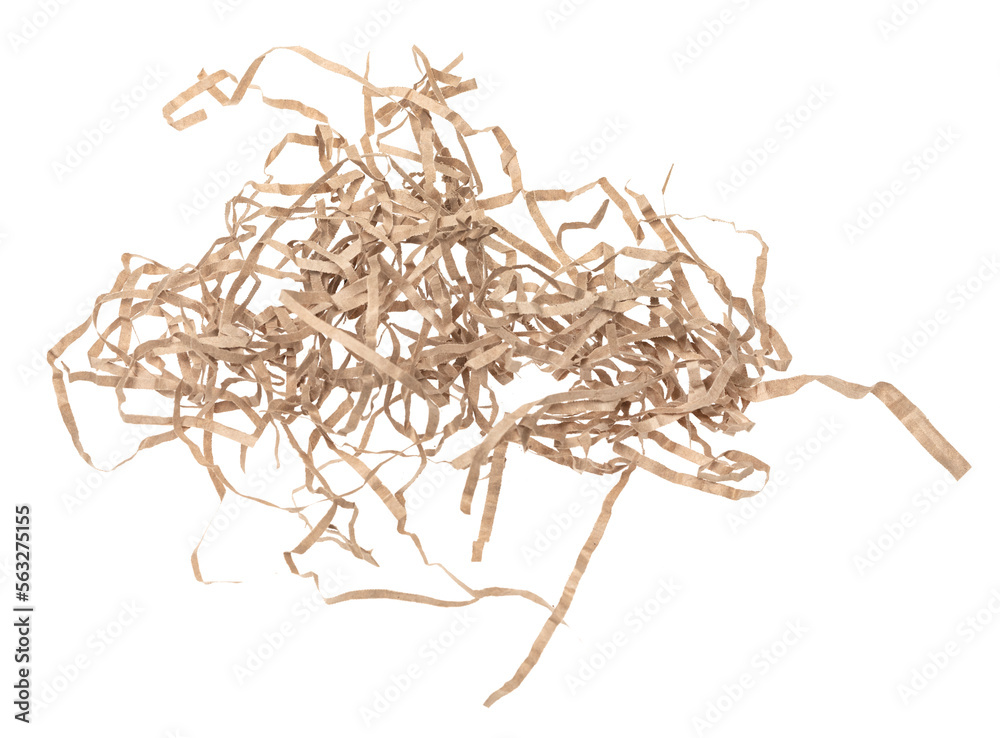 Kraft paper shavings isolated on white background. gift box filler ...