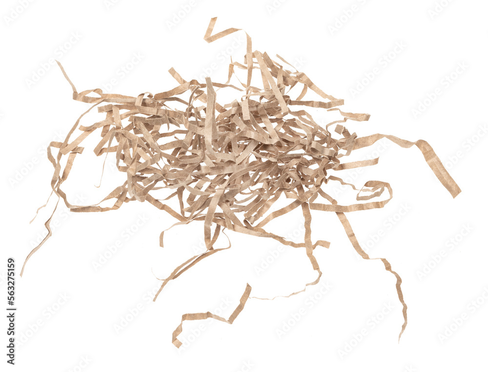 Kraft paper shavings isolated on white background. gift box filler ...
