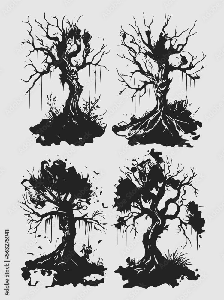 Silhouettes of trees collection Halloween concept. Creepy Horror Trees ...