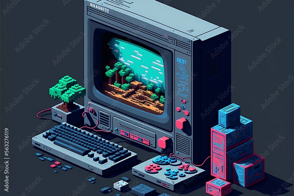 Cubic Gamer Computer, 32-bit pixel art, high-resolution "AI" Stock ...