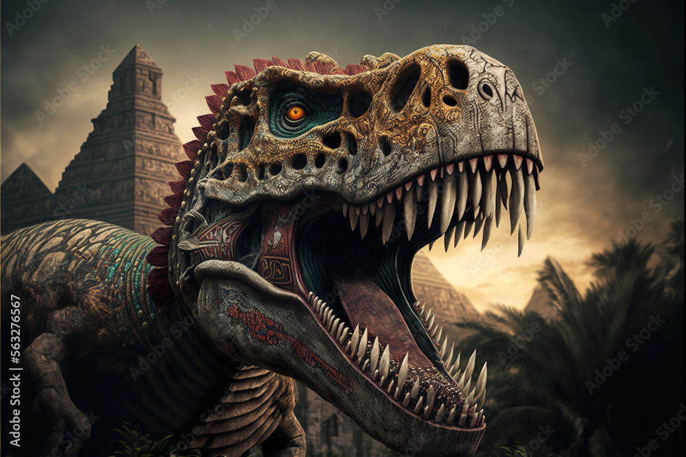 Ancient aztec dinosaur dragon monster with temple of a fallen empire in ...