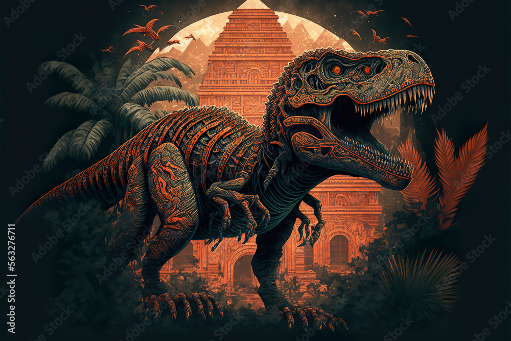 Ancient aztec dinosaur dragon monster with temple of a fallen empire in ...