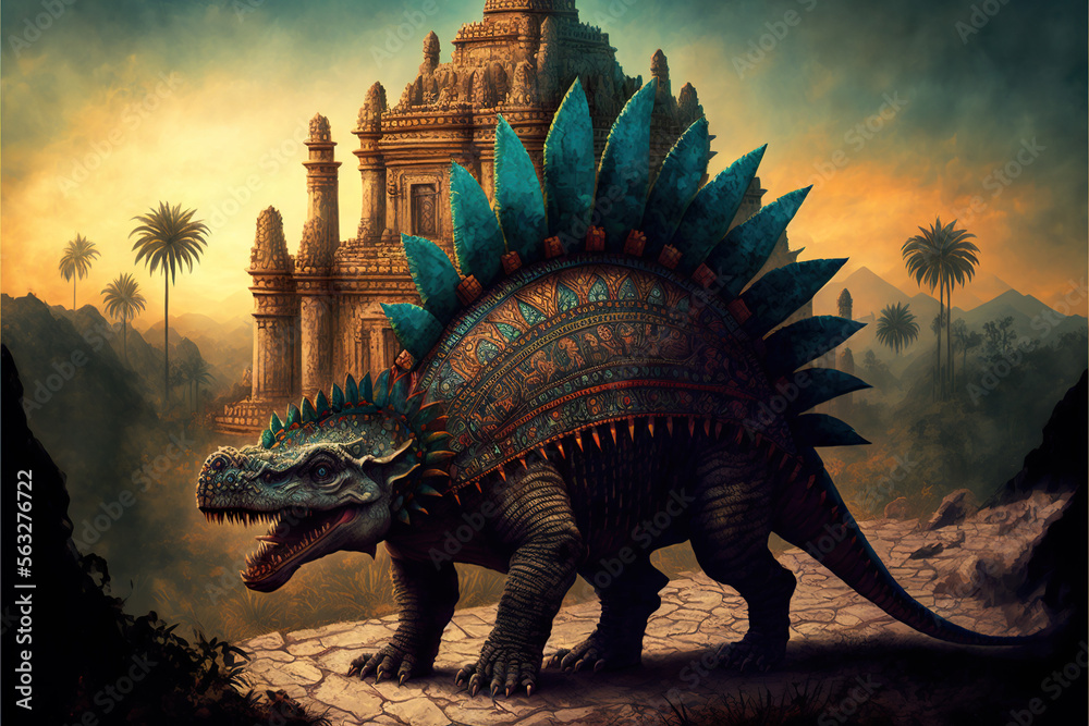 Ancient aztec armored stegosaurus dino monster with temple of a fallen ...