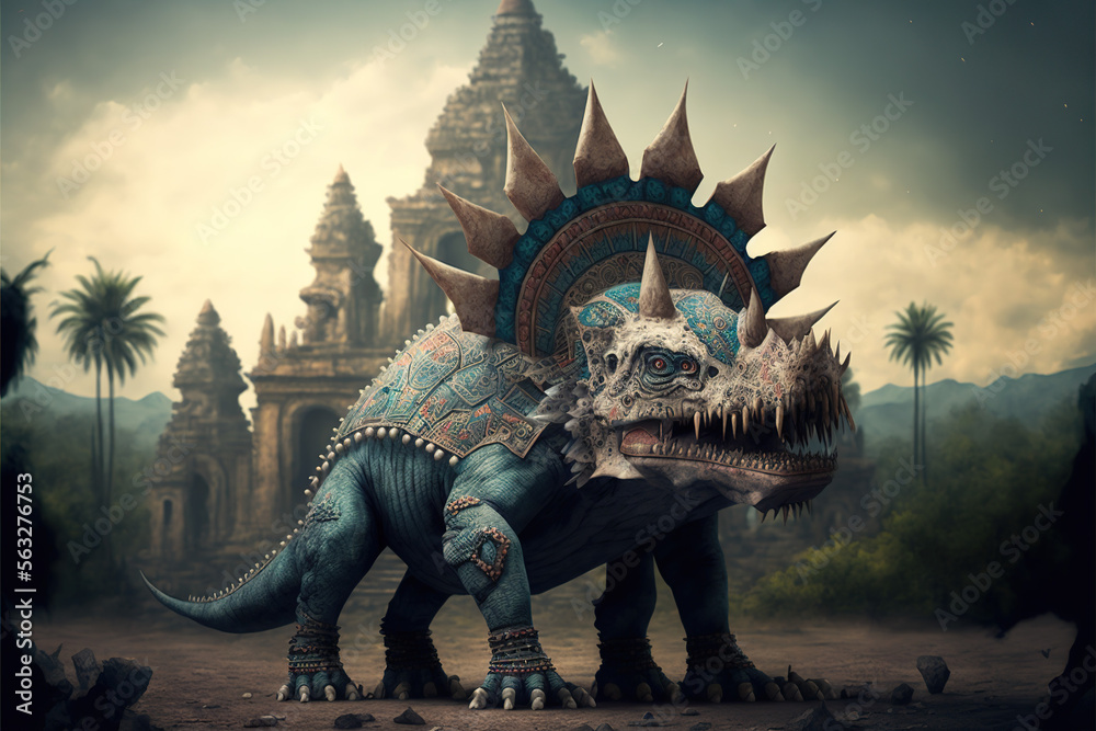 Ancient aztec armored stegosaurus dino monster with temple of a fallen ...