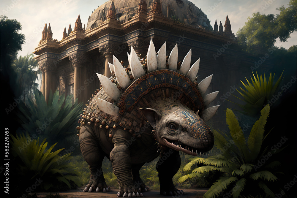 Ancient aztec armored stegosaurus dino monster with temple of a fallen ...