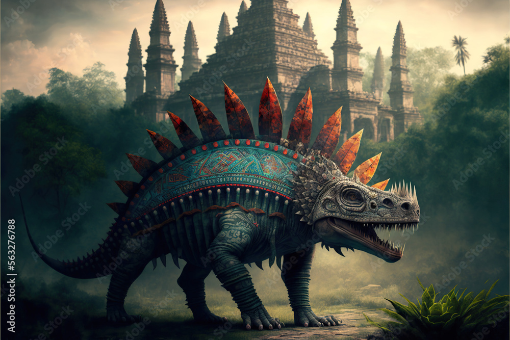 Ancient aztec armored stegosaurus dino monster with temple of a fallen ...