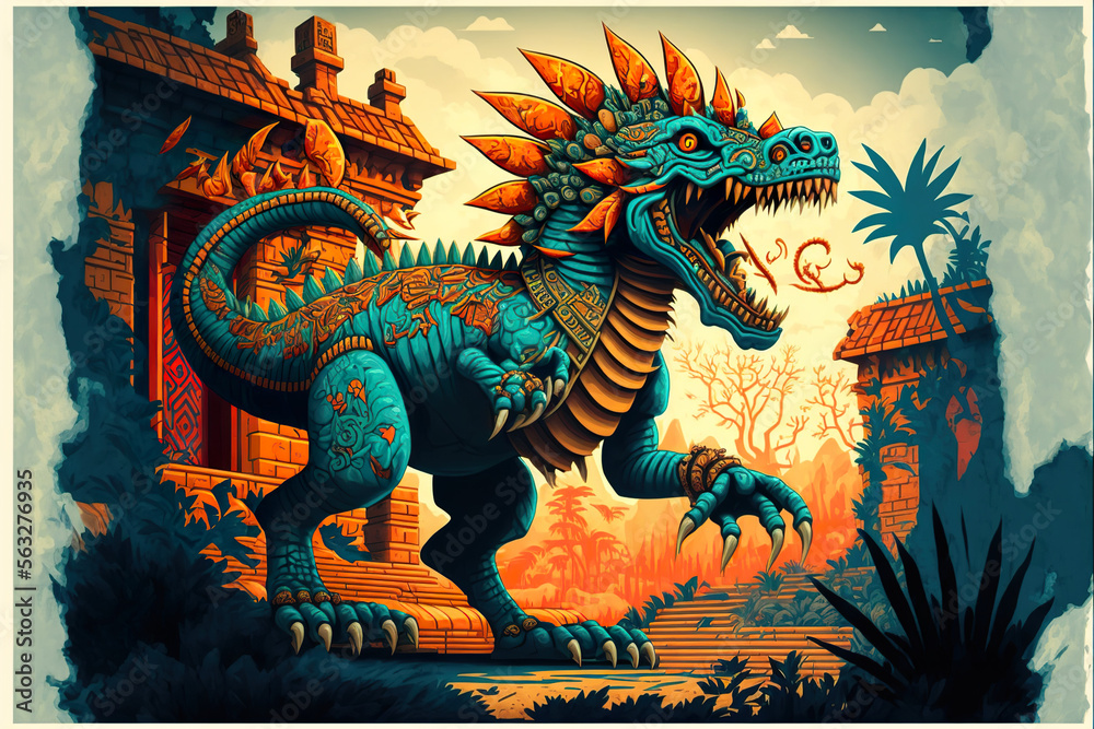 Ancient aztec dinosaur dragon monster with temple of a fallen empire in ...