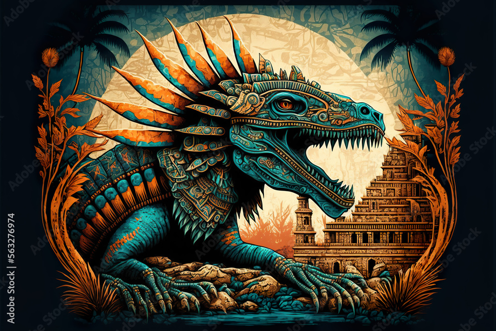 Ancient aztec dinosaur dragon monster with temple of a fallen empire in ...