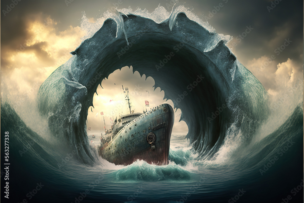 Giant sea monster shark devouring an ocean cruiser ship in a whirpool ...