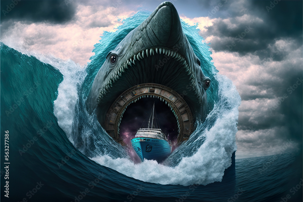 Poster, Foto Giant sea monster shark devouring an ocean cruiser ship in ...