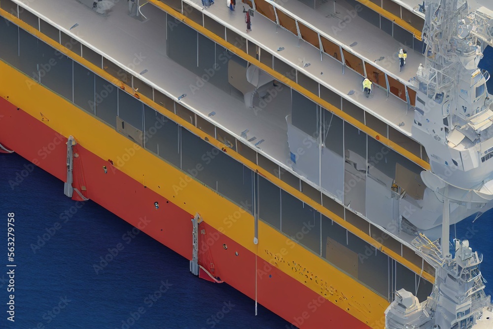 Offshore queuing workers work on decks during disembarkation operations ...