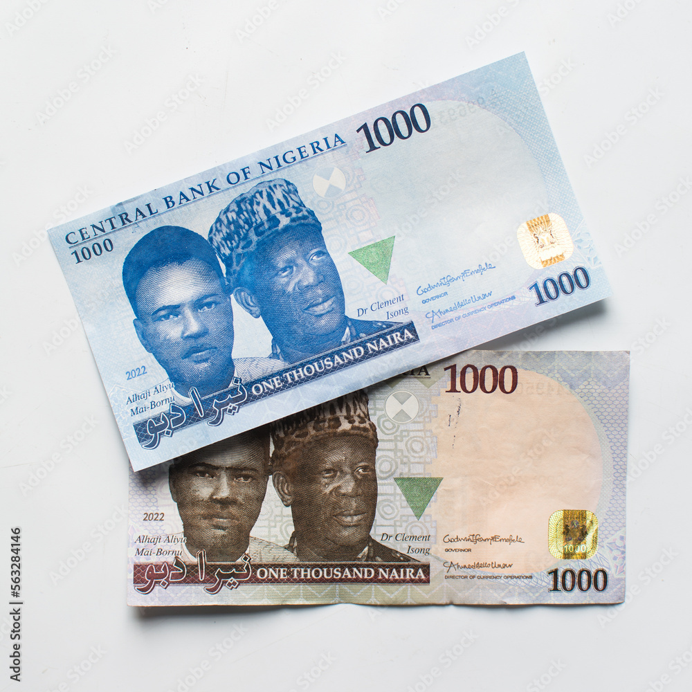 The new and old Nigerian 1000 Naira notes on a white surface, a ...