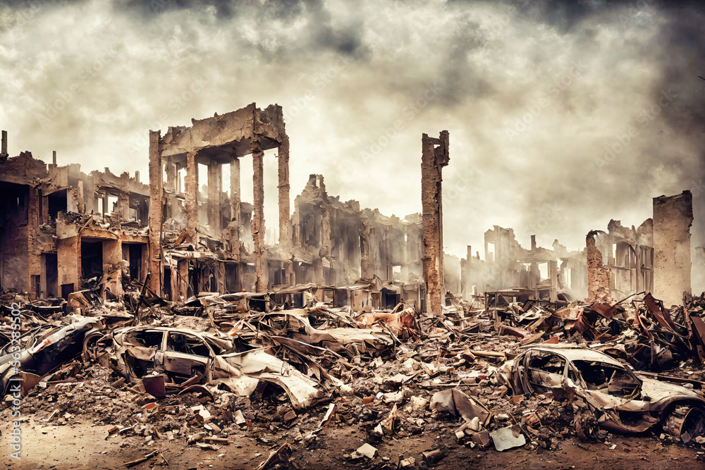 view of by war destroyed city and residential buildings ruins and some ...
