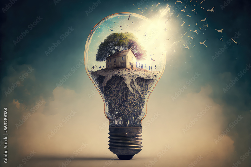 Environment friendly, Light bulb with green tree and birds fly of ...
