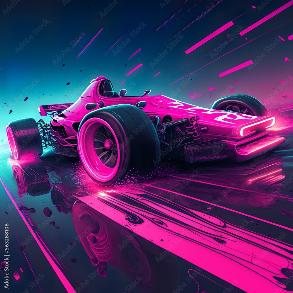 pink racing car in night, draws a laser beam fire speed race futuristic ...