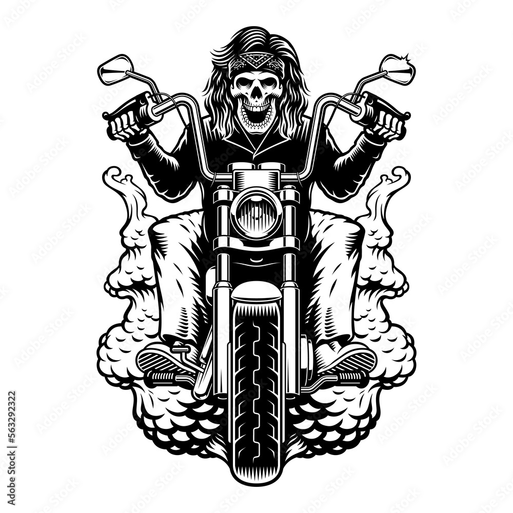 Vetor de Black and white illustration of a biker skeleton on a ...