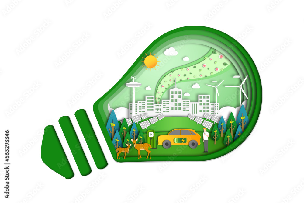 Green energy concept paper art style, Solar panels, Electric car, Wind ...
