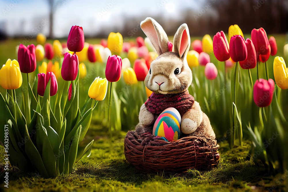 Poster Affiche Cute rabbit as easter bunny with easter egg in basket as easter illustration Ge 40x26.7 cm