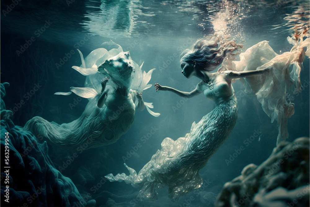 Fantasy creatures swimming and dancing under the water, alien monsters ...