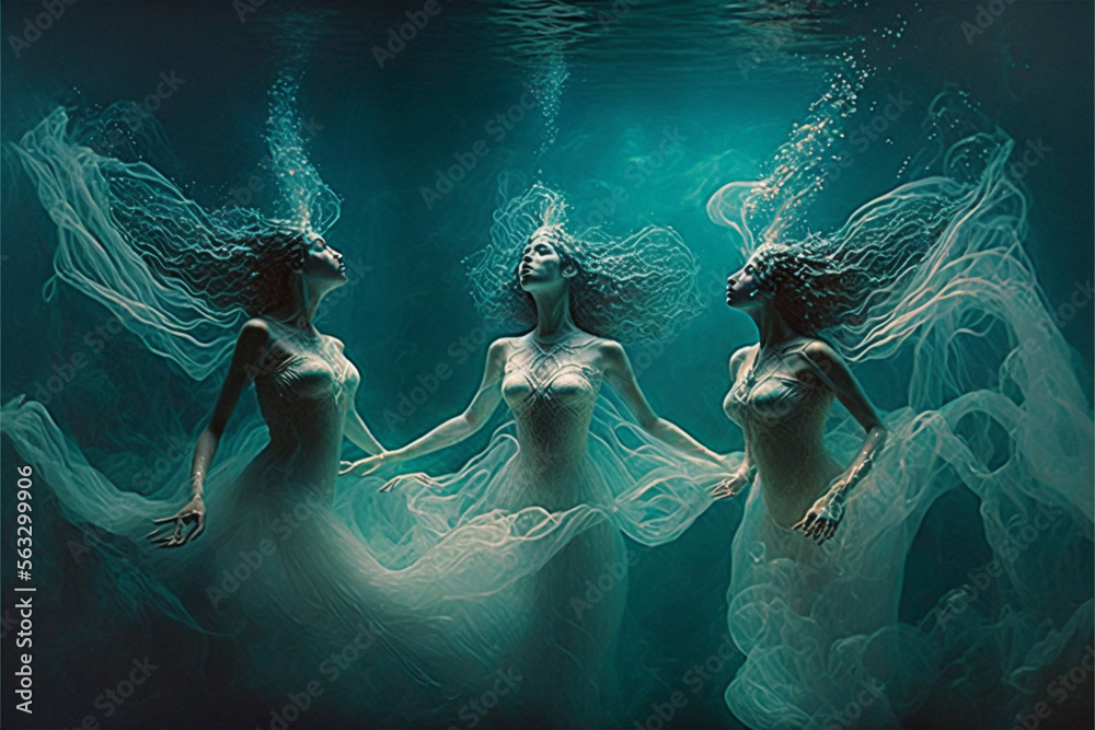 Fantasy creatures swimming and dancing under the water, alien monsters ...