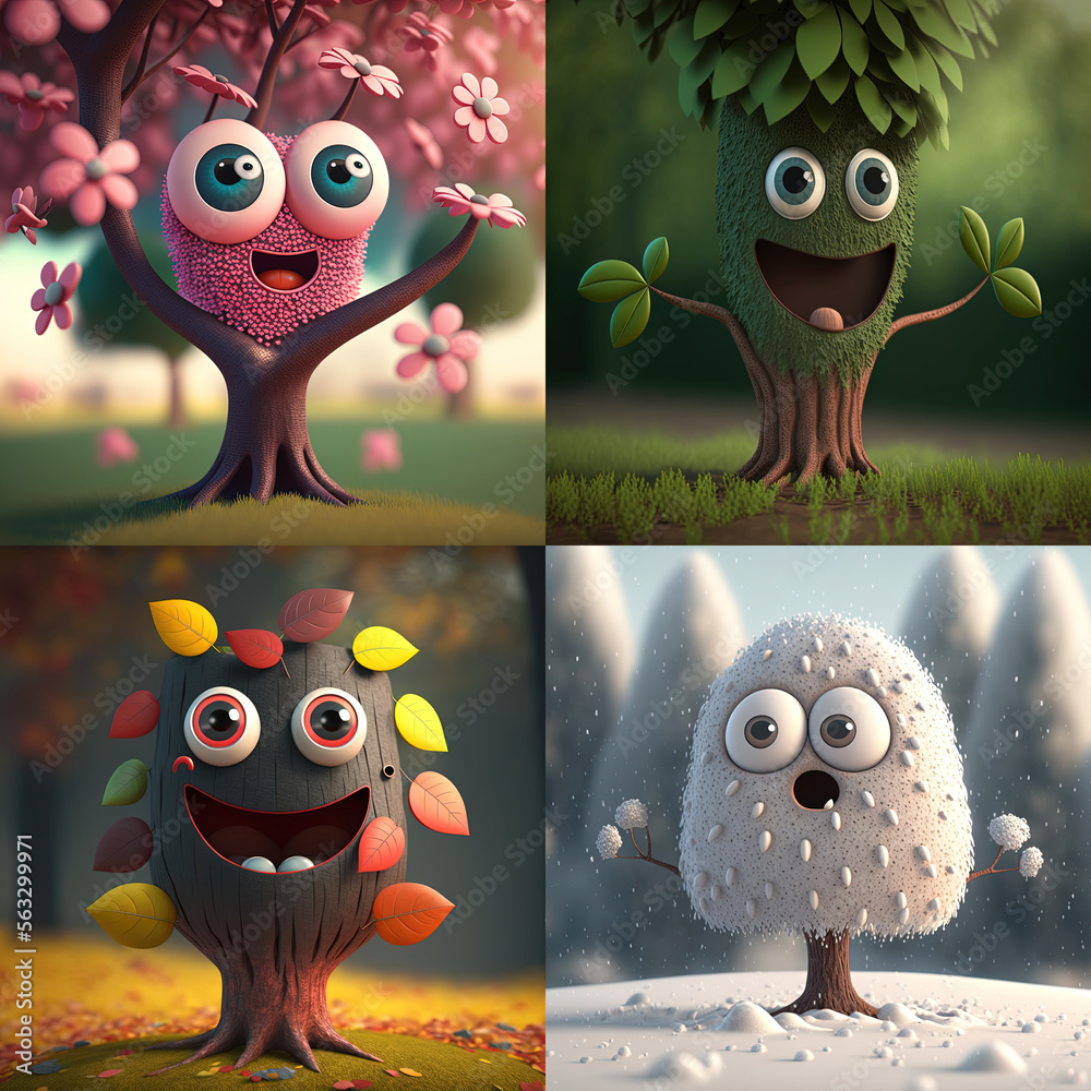 Cute Cartoon Tree Repreresenting the Four Seasons (Generative AI) Stock ...