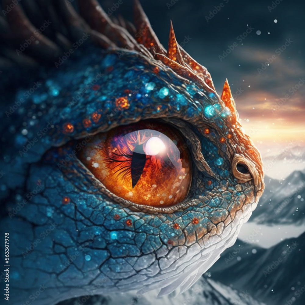 Azure Blue Dragon, Mythcal, Red Flame Eyes, Ice mountains, ice age ...